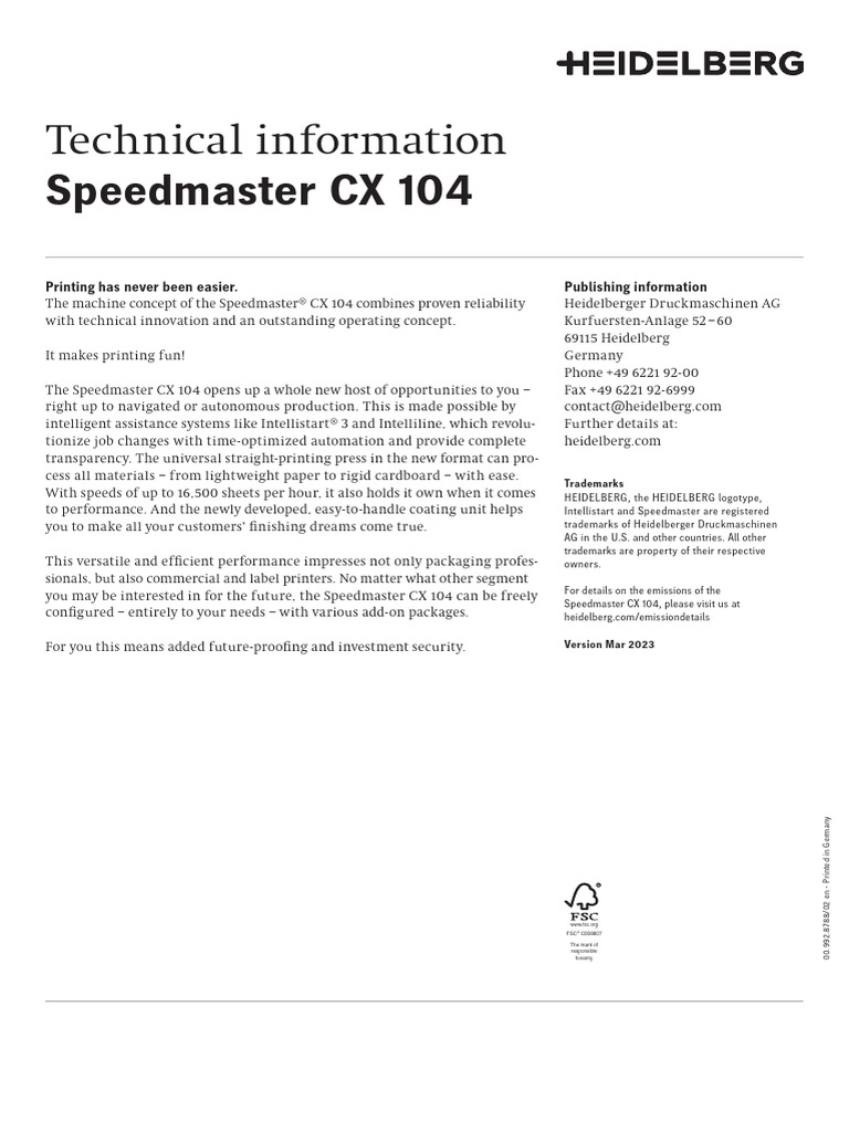 Technical Data Speedmaster CX 104 | PDF | Length