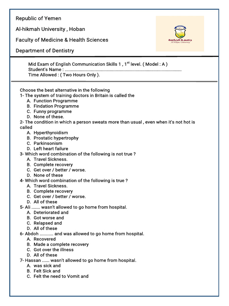 Dentistry Mid Exam, Model A-1 | PDF
