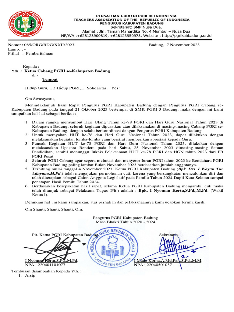Surat Pemberitahuan HUT PGRI Dan HGN 2023 | PDF | Karier & Perkembangan