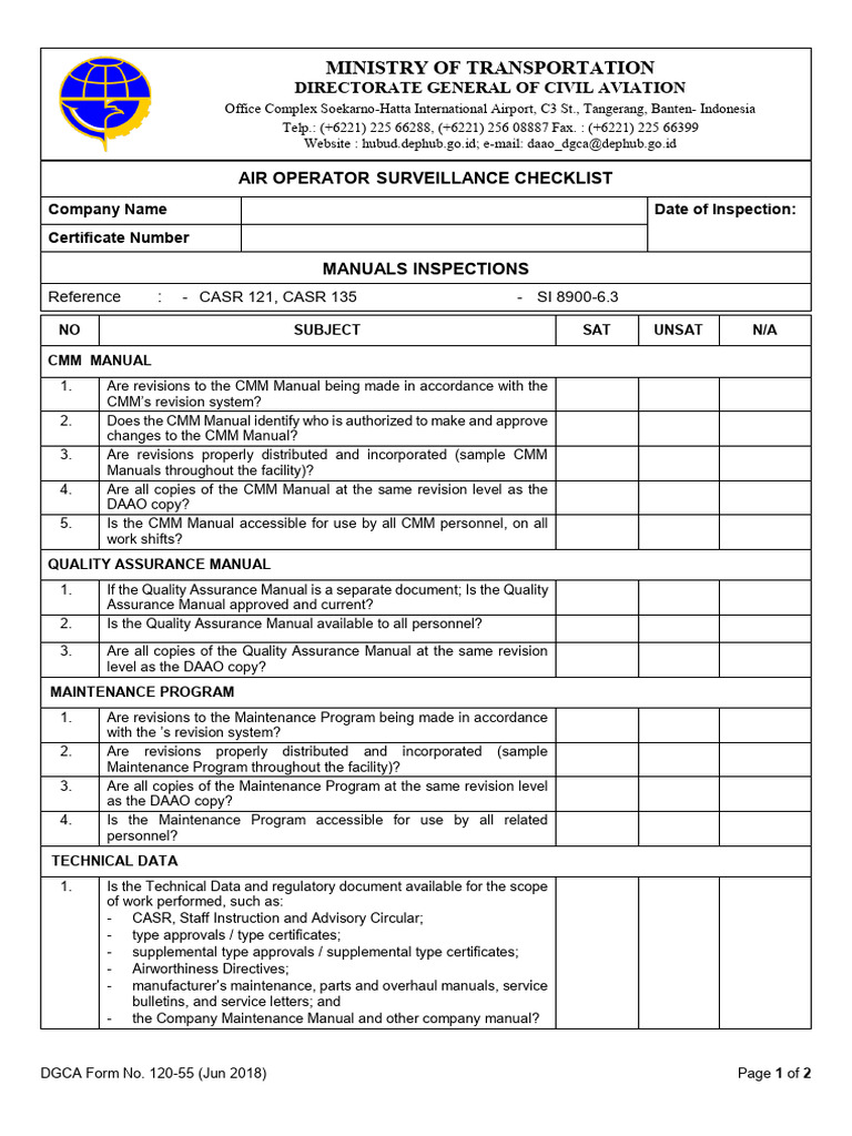 DGCA Form 120-55 Manuals Inspection - June 2019 | PDF | Computing