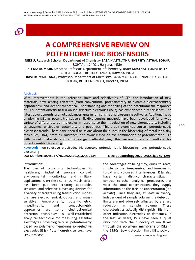 A Comprehensive Review On Potentiometric Biosensors | PDF | Biosensor ...
