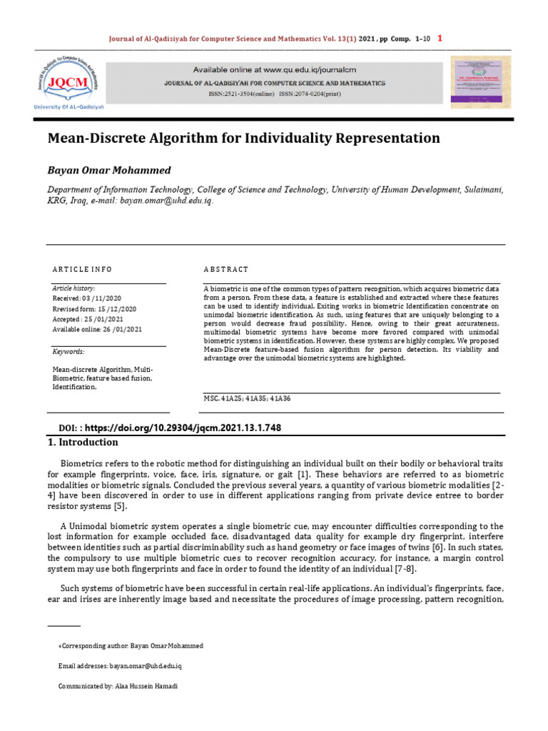 Mean-Discrete Algorithm For Individuality Representation | PDF | Biometrics | Statistical ...