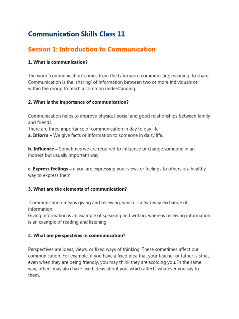 Communication Skills Class 11 | PDF | Communication | Nonverbal ...