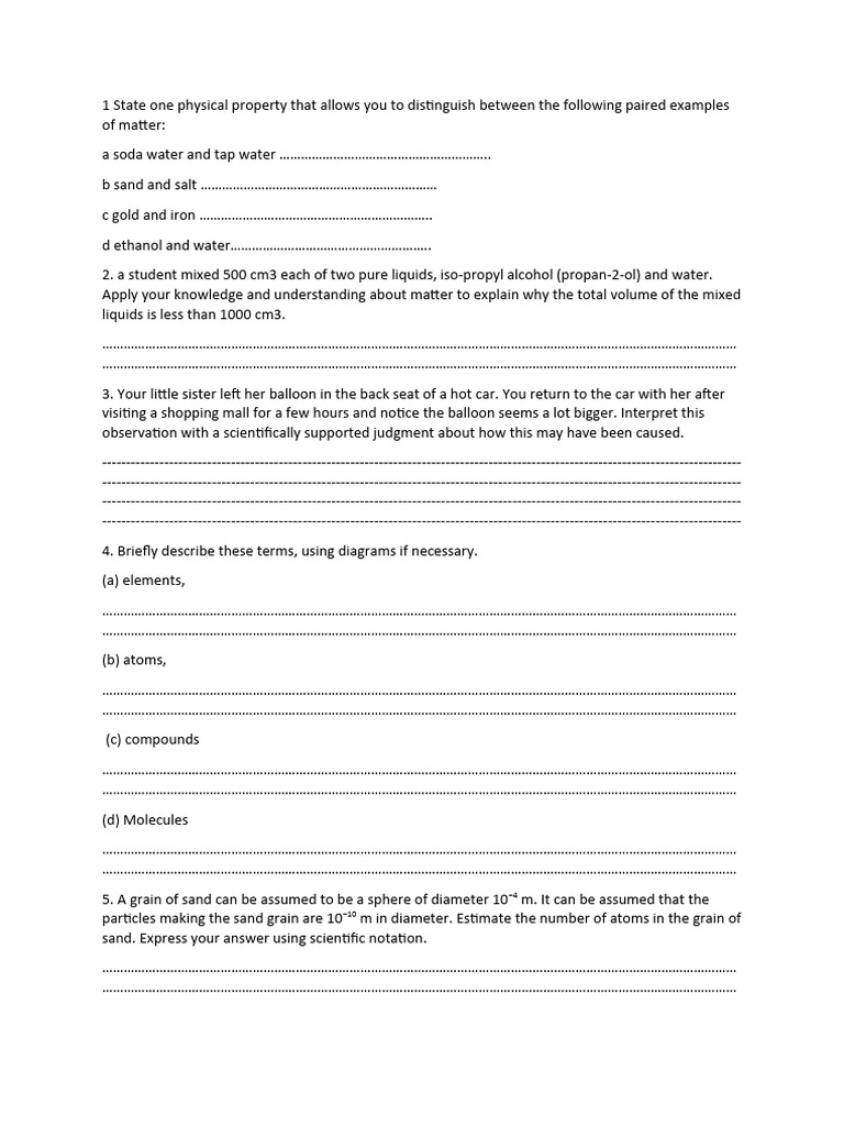 Myp 4 Worksheet 1 Pdf Gases Chemistry