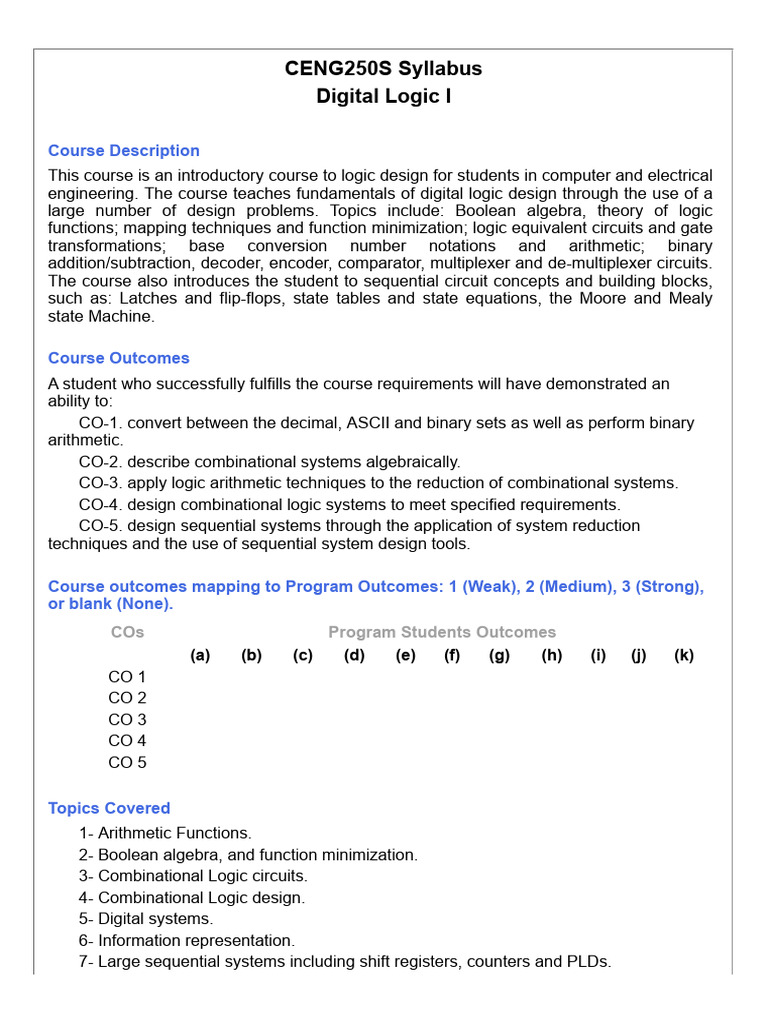CENG250-Syllabus-Summer 2021 | PDF | Logic Gate | Engineering