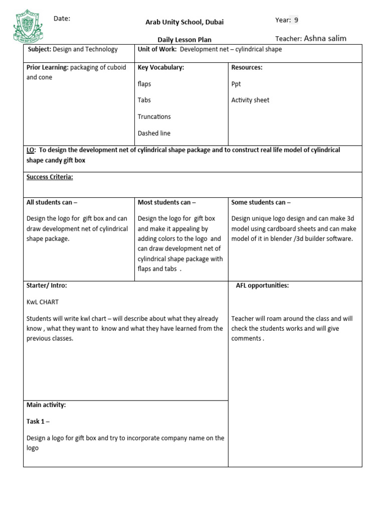 Lesson Plan - Cylinder-D1 Y9 | PDF | Lesson Plan | Learning