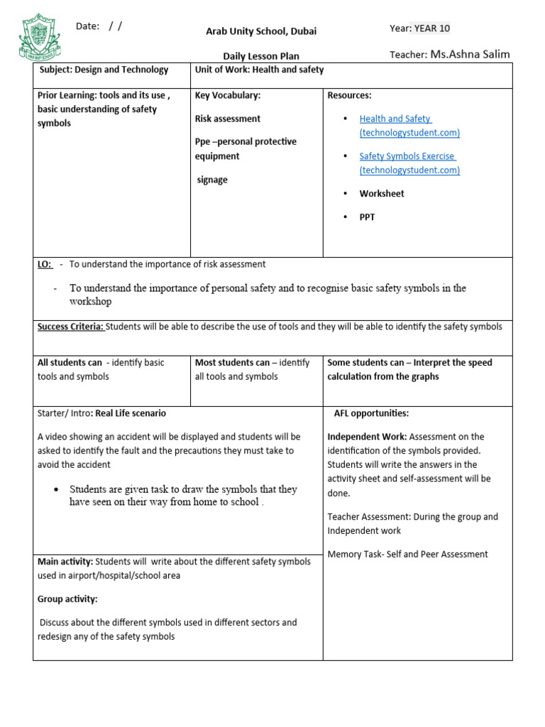 Lesson Plan - Safety Signals - D1 y 10 | PDF | Learning | Risk