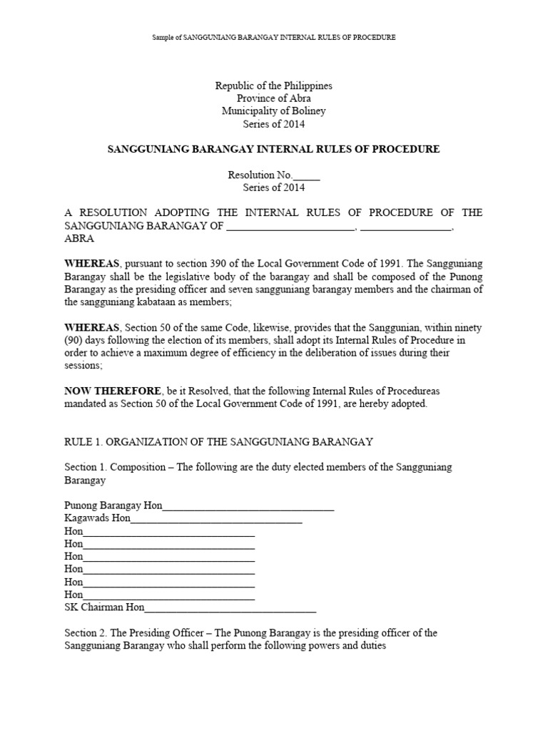 Sample Barangay IRP | PDF | Quorum | Political Law