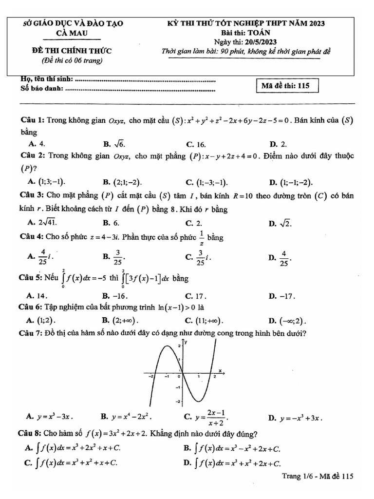 De Thi Thu Tot Nghiep THPT Nam 2023 Mon Toan So GDDT Ca Mau | PDF