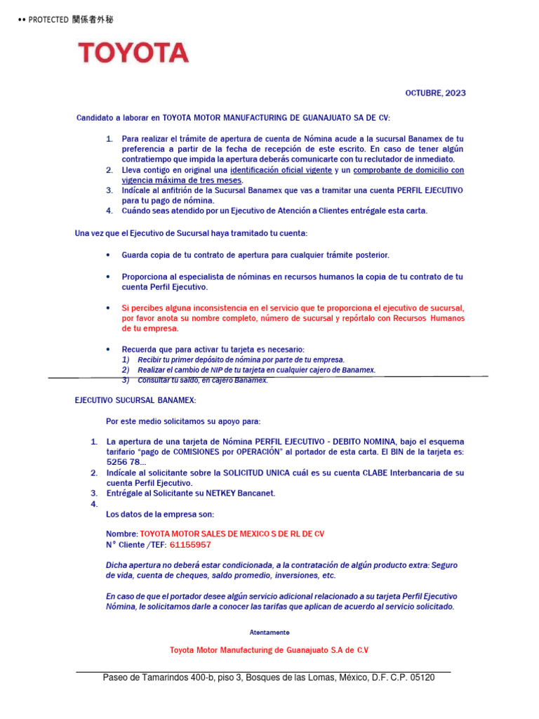 Carta de Instrucción de Apertura CitiBanamex TMMGT | PDF | Business