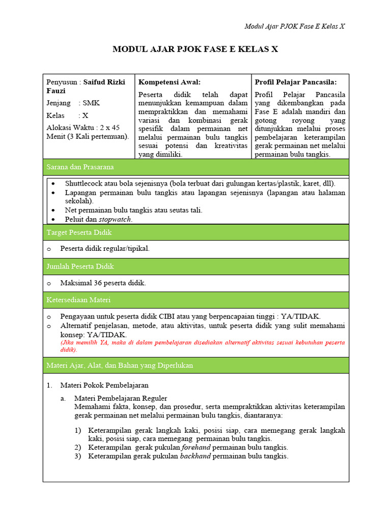 Modul Ajar Bulu Tangkis Kelas X | PDF