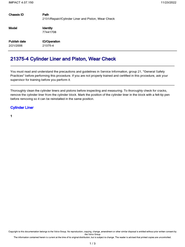 Cylinder Liner and Piston, Wear Check | PDF | Piston | Vehicle Parts