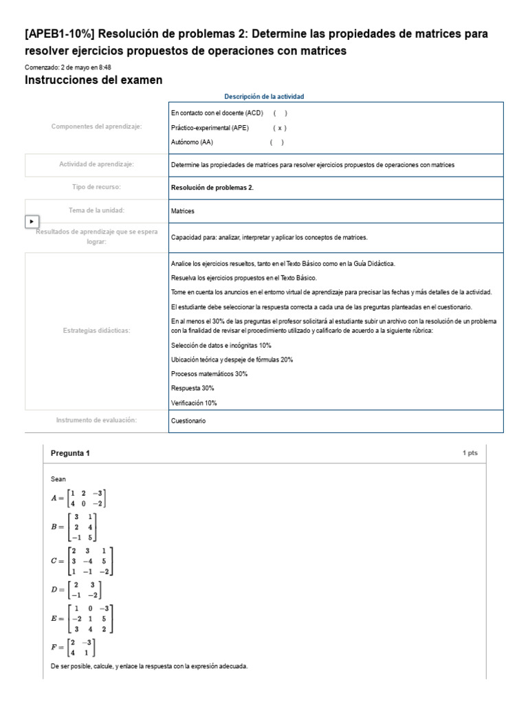 Examen - (APEB1-10%) Resolución de Problemas 2 - Determine Las Propiedades de Matrices para ...