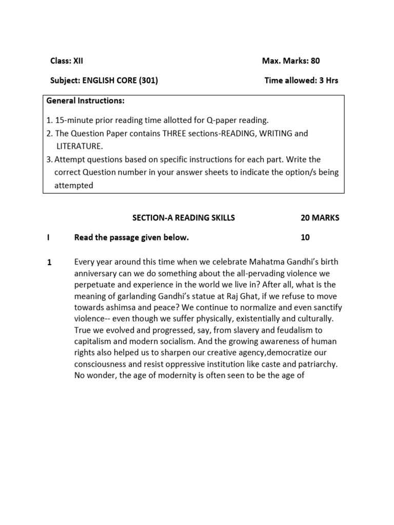 Class 12 English Exam Guidelines | PDF | Mahatma Gandhi | Nonviolence