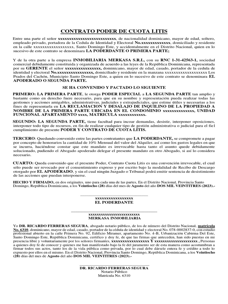 Contrato de Cuota Litis Modelo | PDF | República Dominicana | Justicia