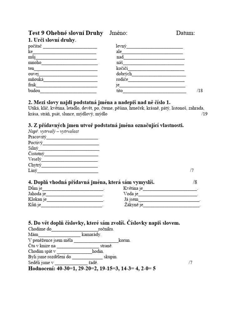 Test 9 Ohebné Slovní Druhy | PDF