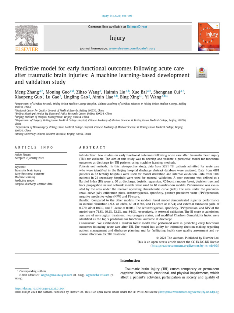 1.predictive Model For Early Functional Outcomes Following Acute Care After Traumatic Brain ...