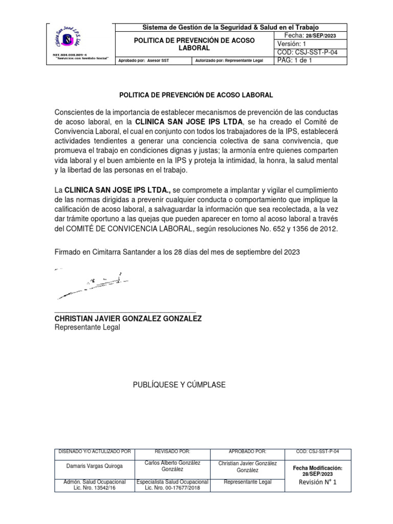 D Csj Sst P 04 Politica De Prevención De Acoso Laboral Pdf