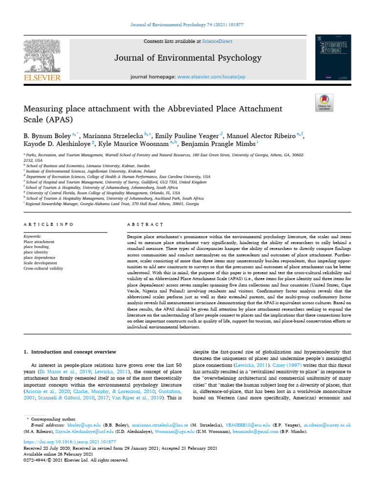 Measuring Place Attachment With The Abbreviated Place Attachment Scale ...