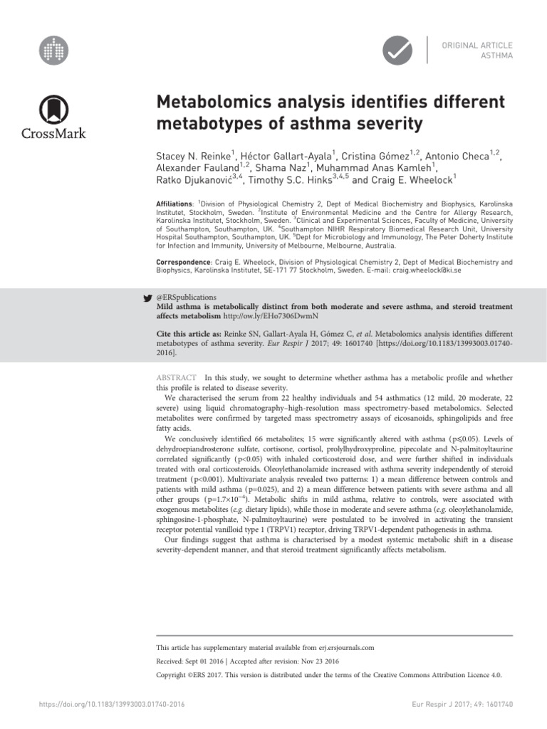 Reinke (Metabolomics Asthma Severity) | PDF | Metabolomics | Asthma