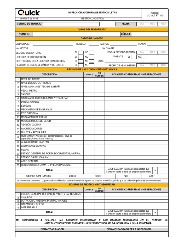 AUDITORÍA - INSPECCIÓN DE MOTOCICLETAS - HSEQ QUICK | PDF | Motocicleta | Vehículos