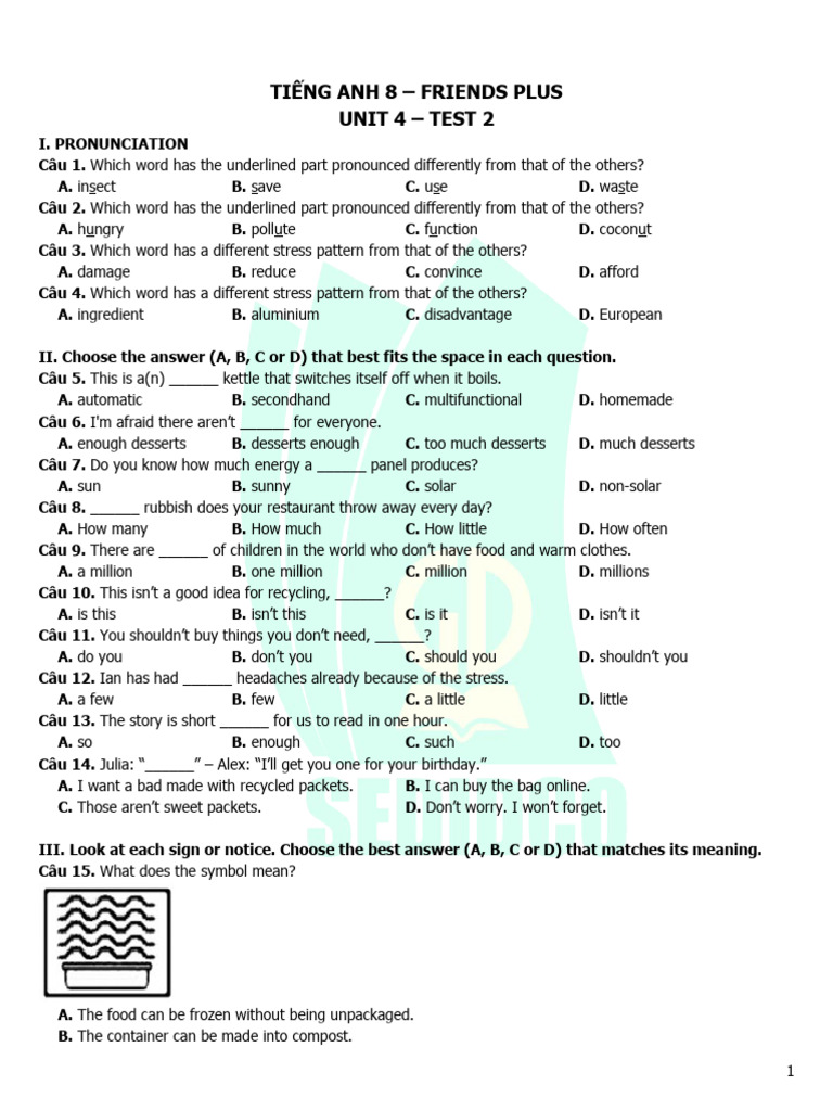 Tieng Anh 8 Friends Plus - Unit 4 - Test 2 | PDF | Recycling | Plastic