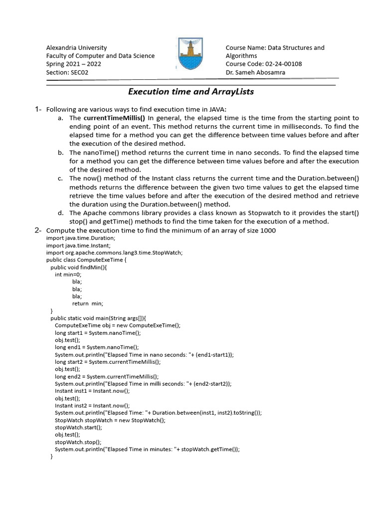 SEC02-Execution Time and ArrayLists | PDF | Integer (Computer Science) | Java (Programming Language)