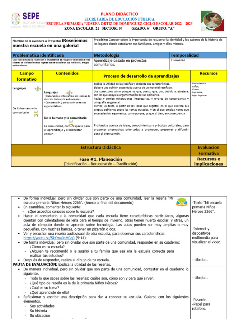 PLANO DIDÁCTICO 6° Reseñemos Nuestra Escuela en Una Galeria Seman de 16 ...