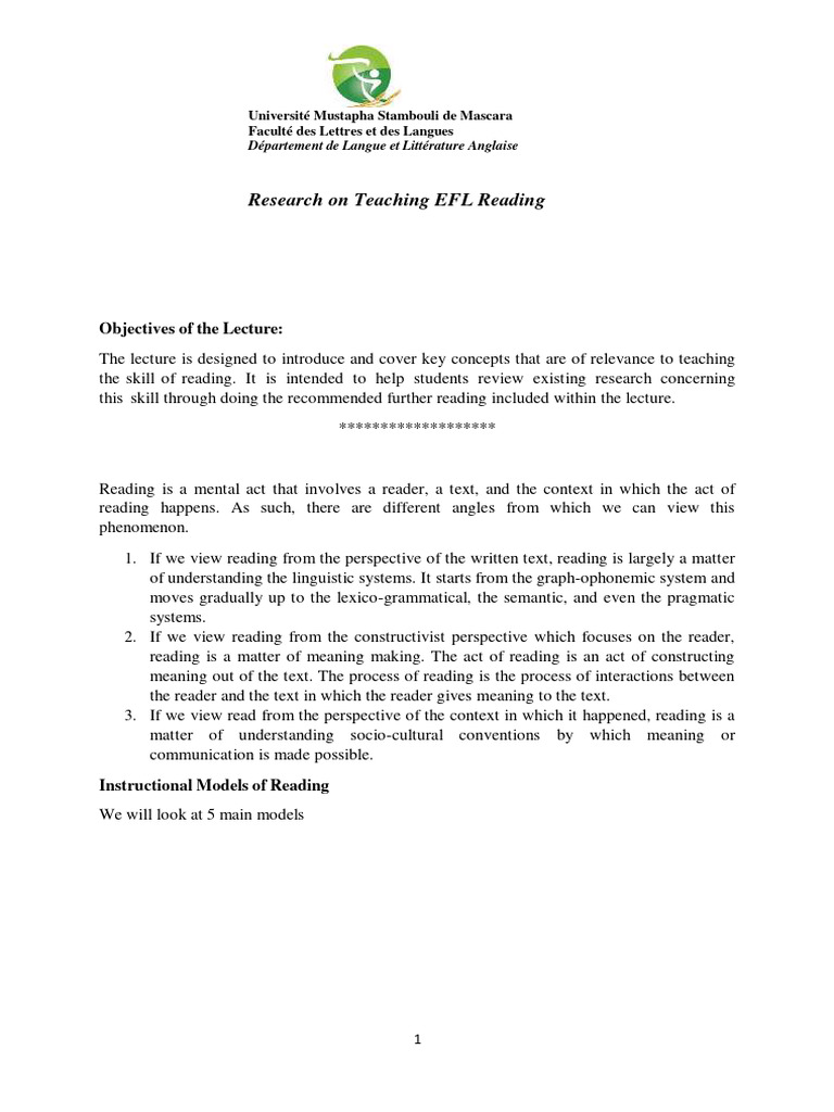 Teaching EFL Reading | PDF | Reading Comprehension | Learning
