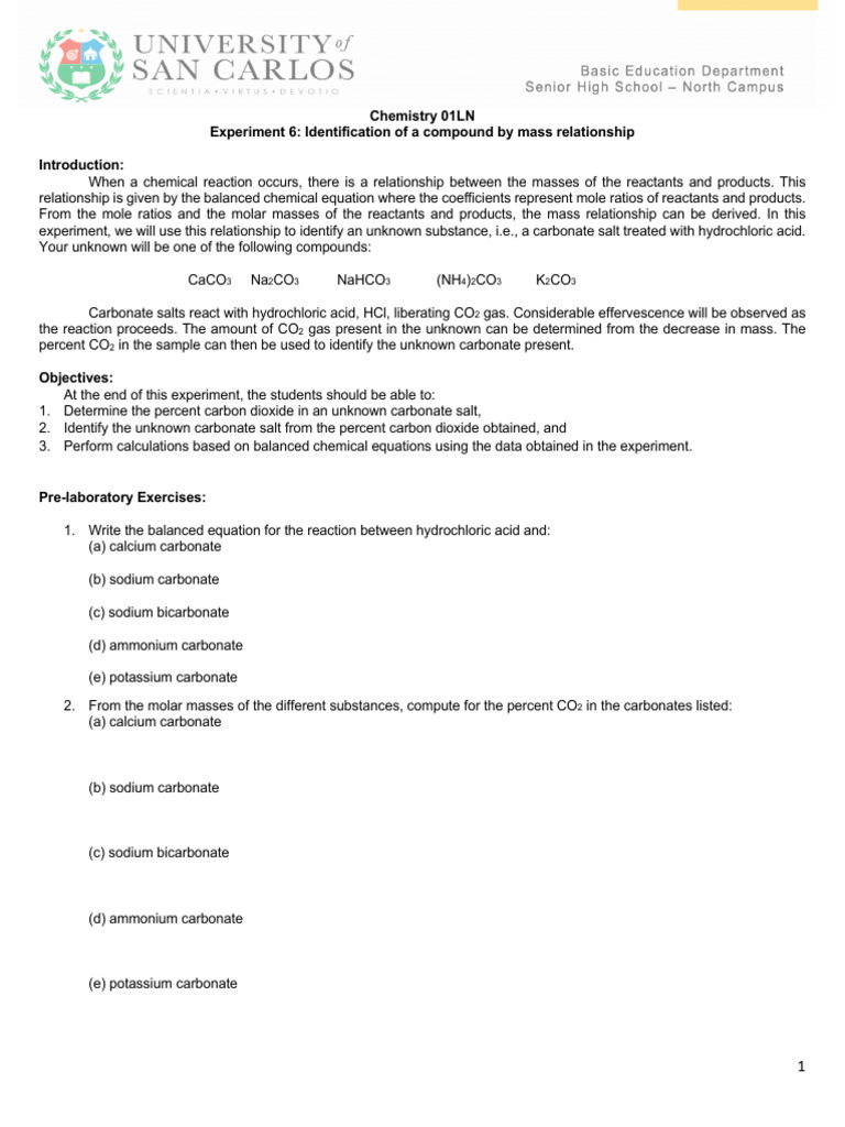 Experiment 6-Mass Relationship | PDF | Carbonate | Hydrochloric Acid