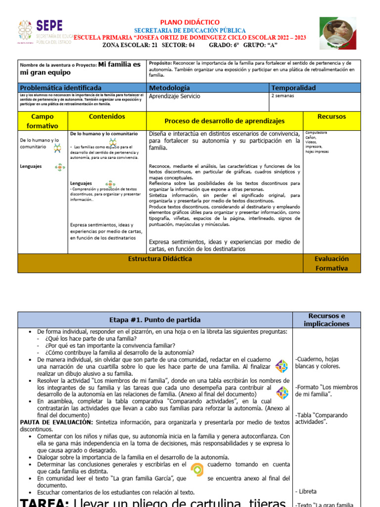 PLANO DIDÁCTICO 6° MI Familia Es Mi Gran Equipo Seman de 2 Al 13 de ...