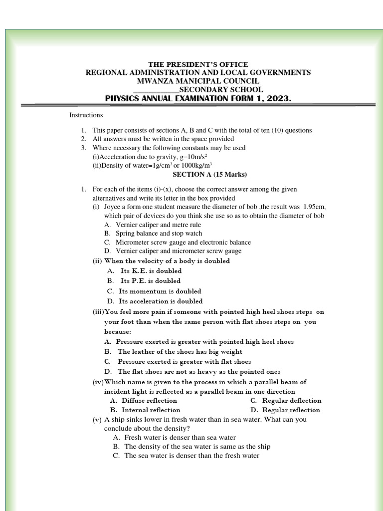 Physics Form One Annual 2024 | PDF | Density | Weight