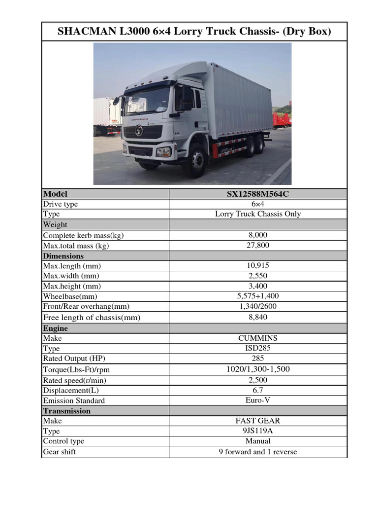 -SHACMAN L3000 6Ã_4 Lorry Truck Chassis- (Dry Box) | PDF | Truck ...