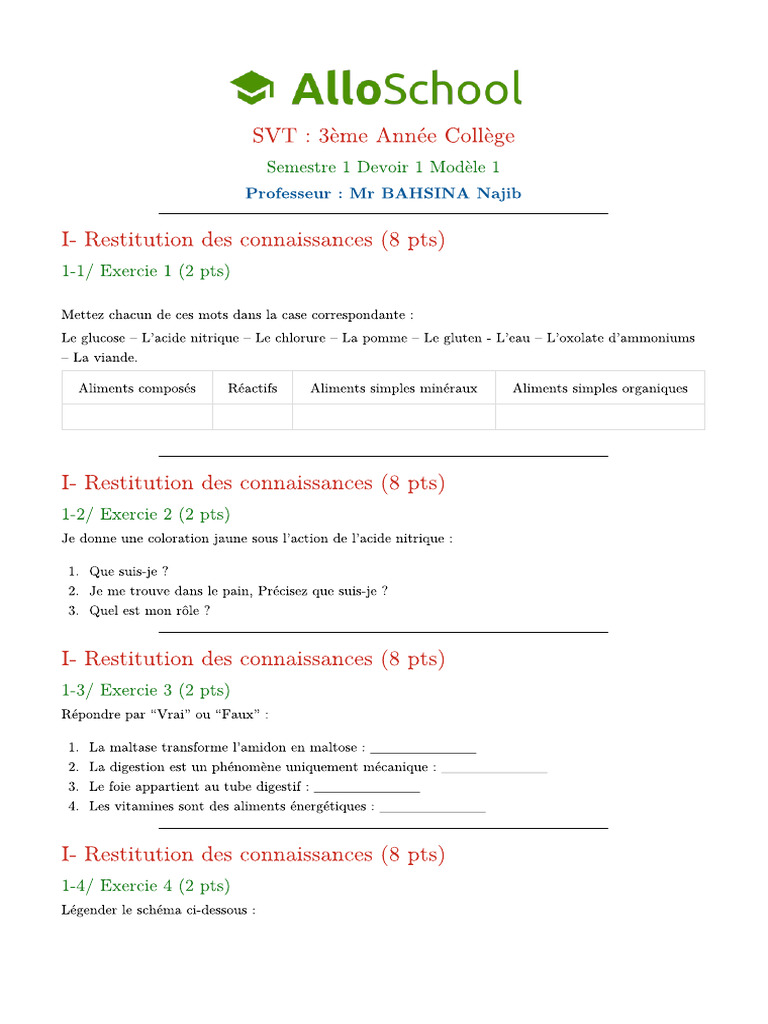 SVT 3ac Semestre 1 Devoir 1 Modele 1 1 | PDF