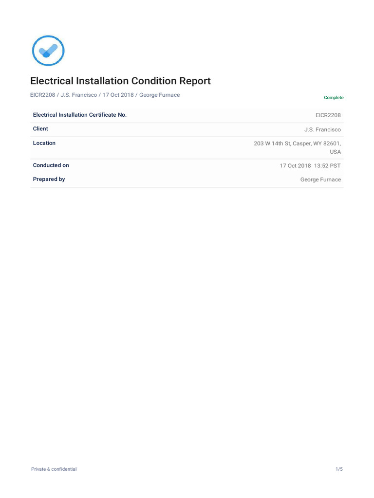 Electrical Installation Condition Sample Report | PDF | Electrical ...