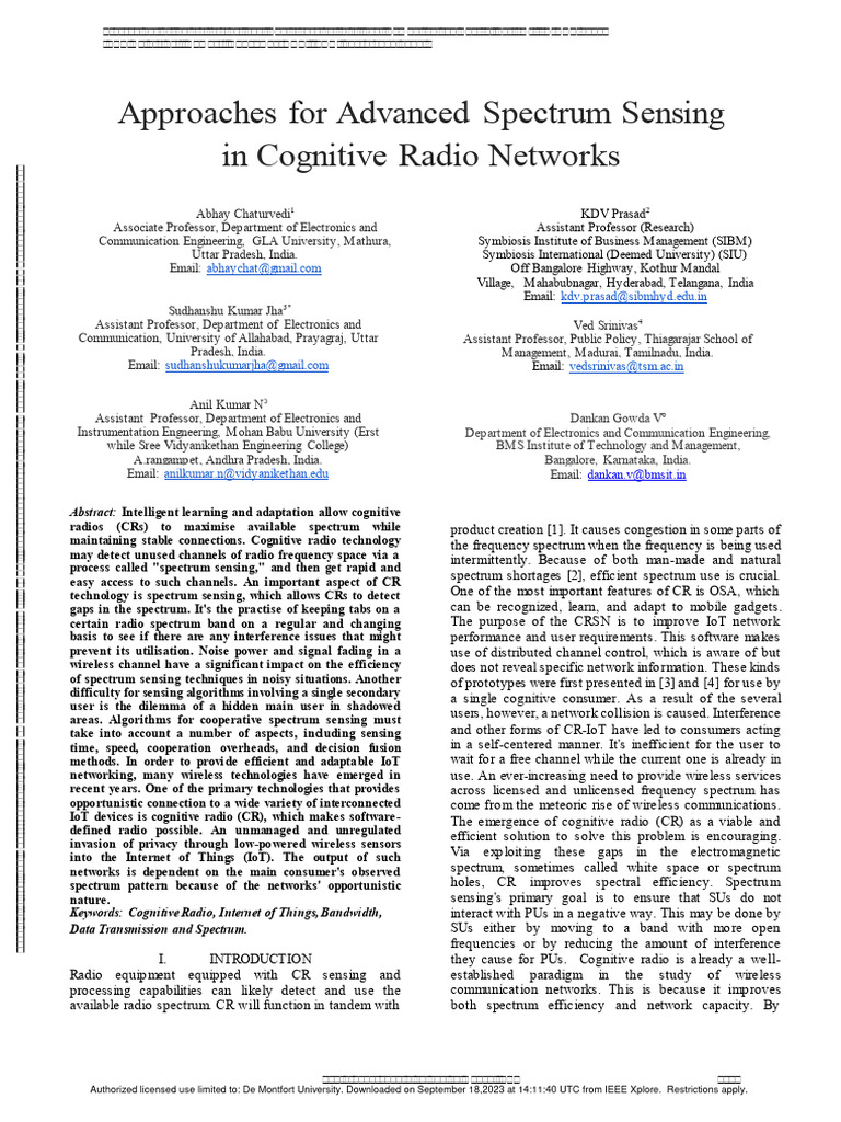 Approaches For Advanced Spectrum Sensing in Cognitive Radio Networks | PDF | Cognitive Radio | Radio