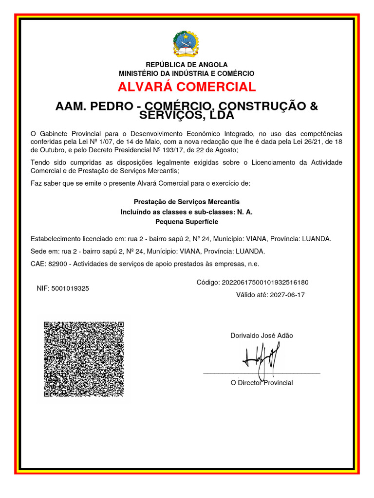 Alvará de Comercial - Angola | PDF