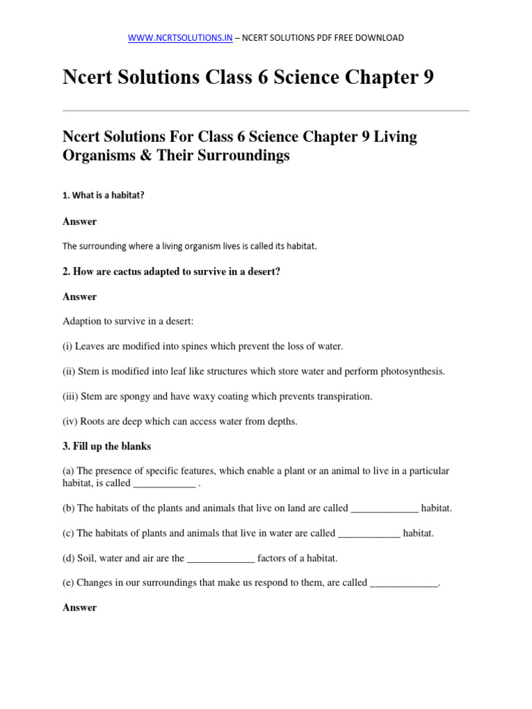 Ncert Solutions Class 6 Science Chapter 9 | PDF | Habitat | Plants