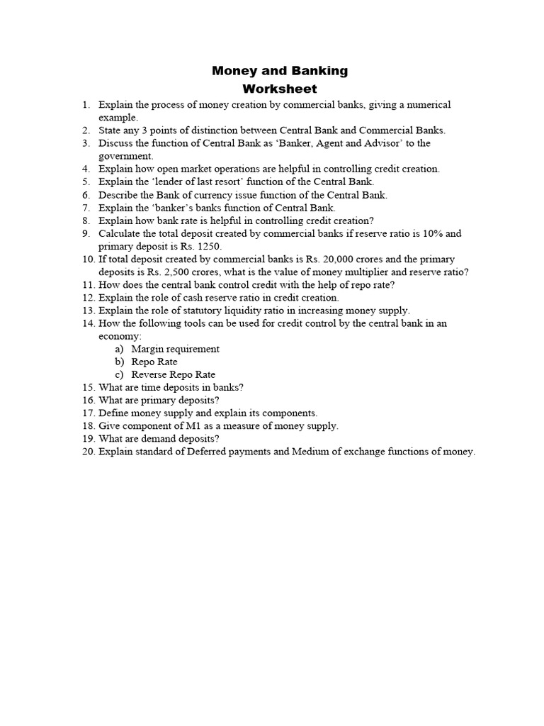 Money and Banking - Worksheet | PDF