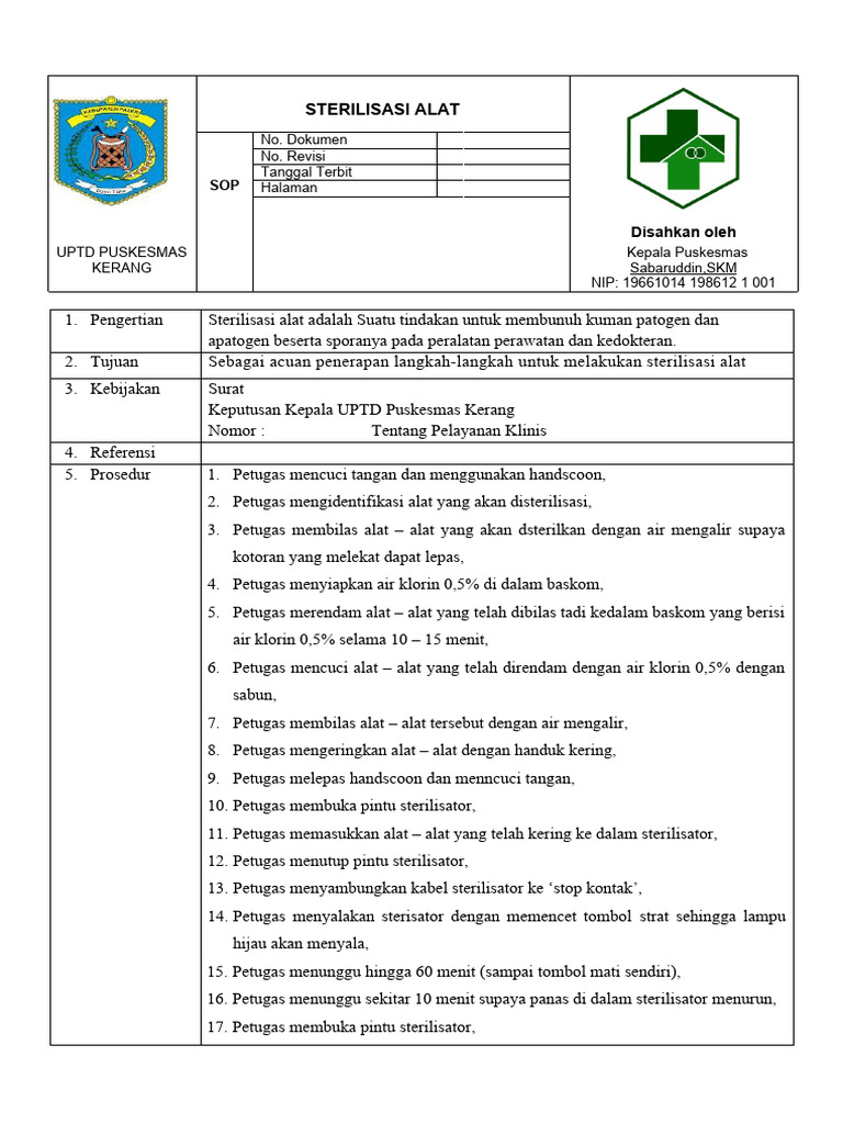 Sop Sterilisasi Alat | PDF