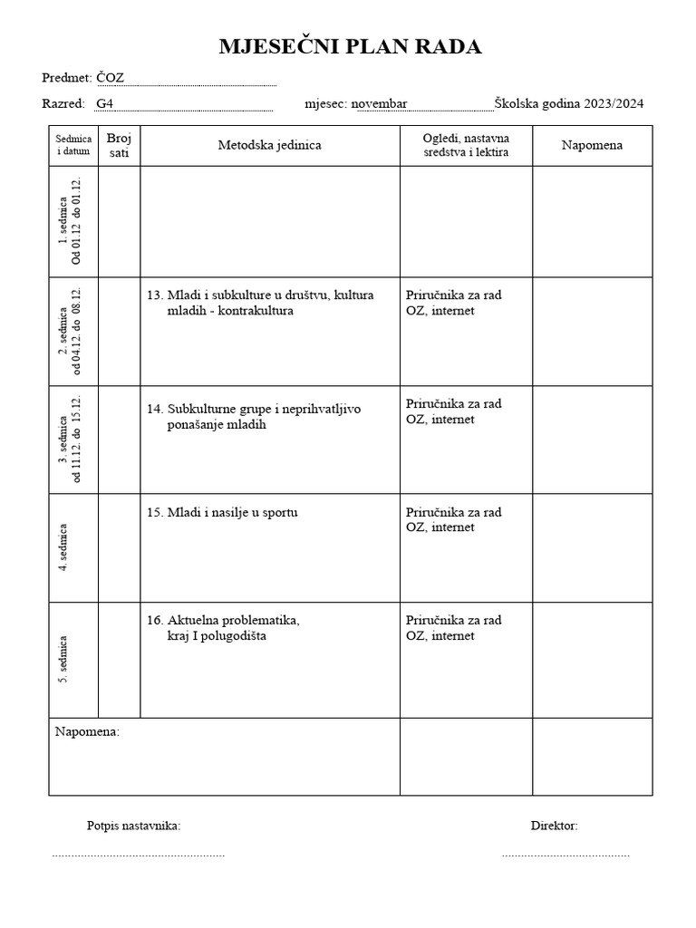 Mjesečni Plan Rada: Sedmica I Datum | PDF