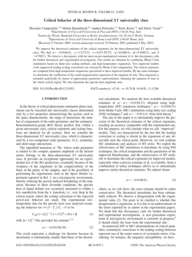 Critical Behavior of The Three-Dimensional XY Universality Class | PDF | Phase Transition ...
