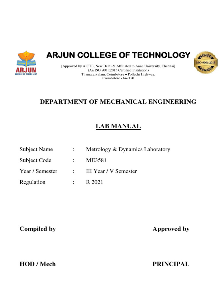 ME3581 Metrology & Dynamics Lab Manual | PDF | Gear | Equipment