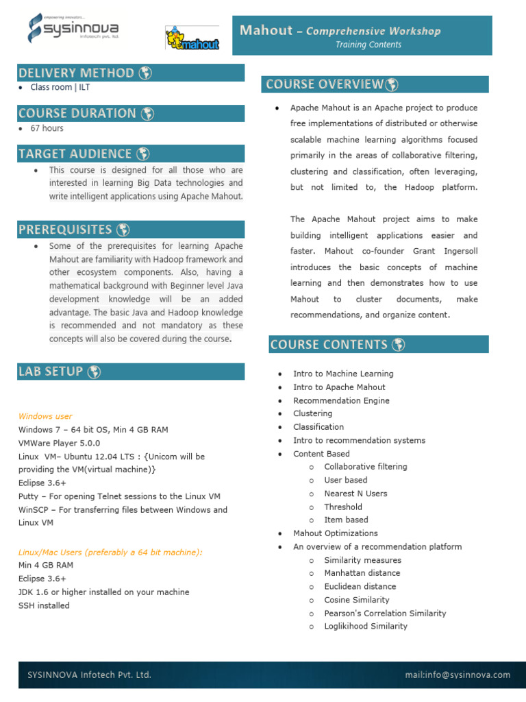 Mahout - Comprehensive Training Contents - 42 Hours | PDF | Virtual Machine | Apache Hadoop