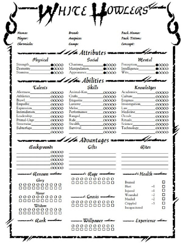 White Howler Chacter Sheet 4 | PDF