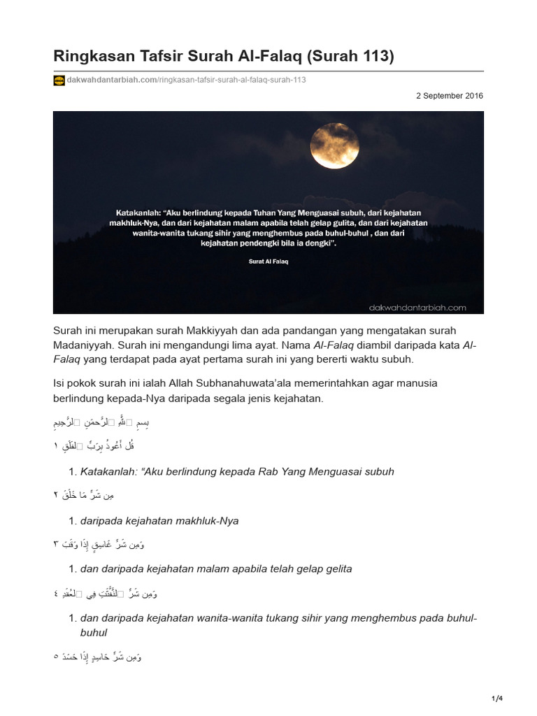 Dakwahdantarbiah Com Ringkasan Tafsir Surah Al Falaq Surah 113 | PDF