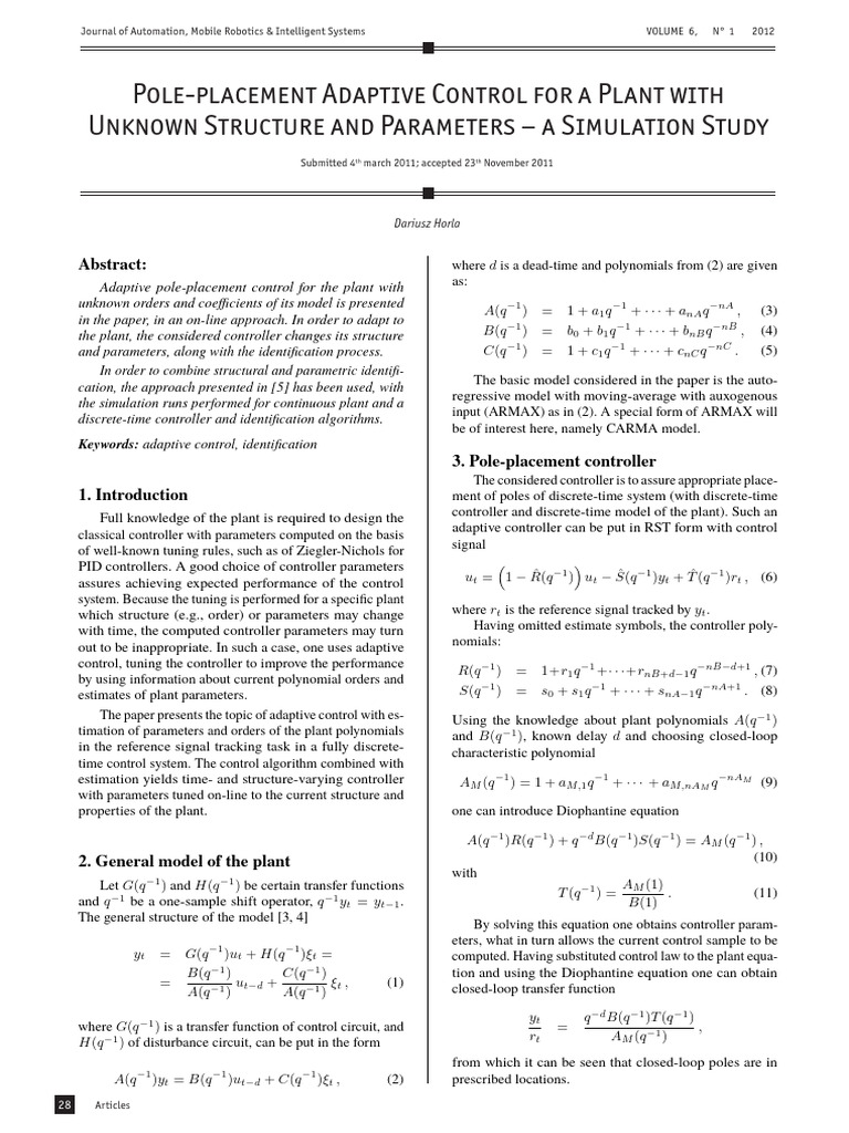Pole Placement Adaptive Control For | PDF | Control Theory | Equations