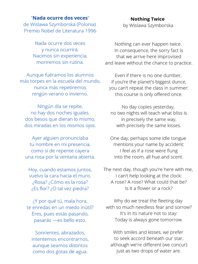 Nada Ocurre Dos Veces: Szymborska | PDF