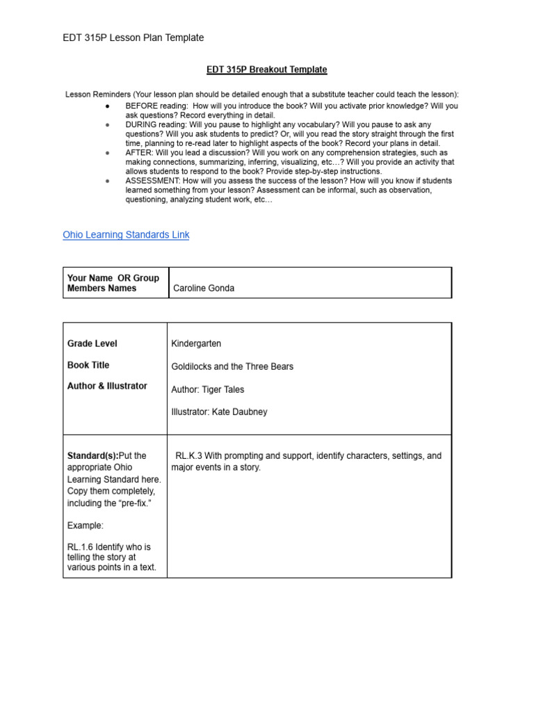 Tce 315 Lesson Plan Template - Interactive Read Aloud With A Childrens Informational Picture ...