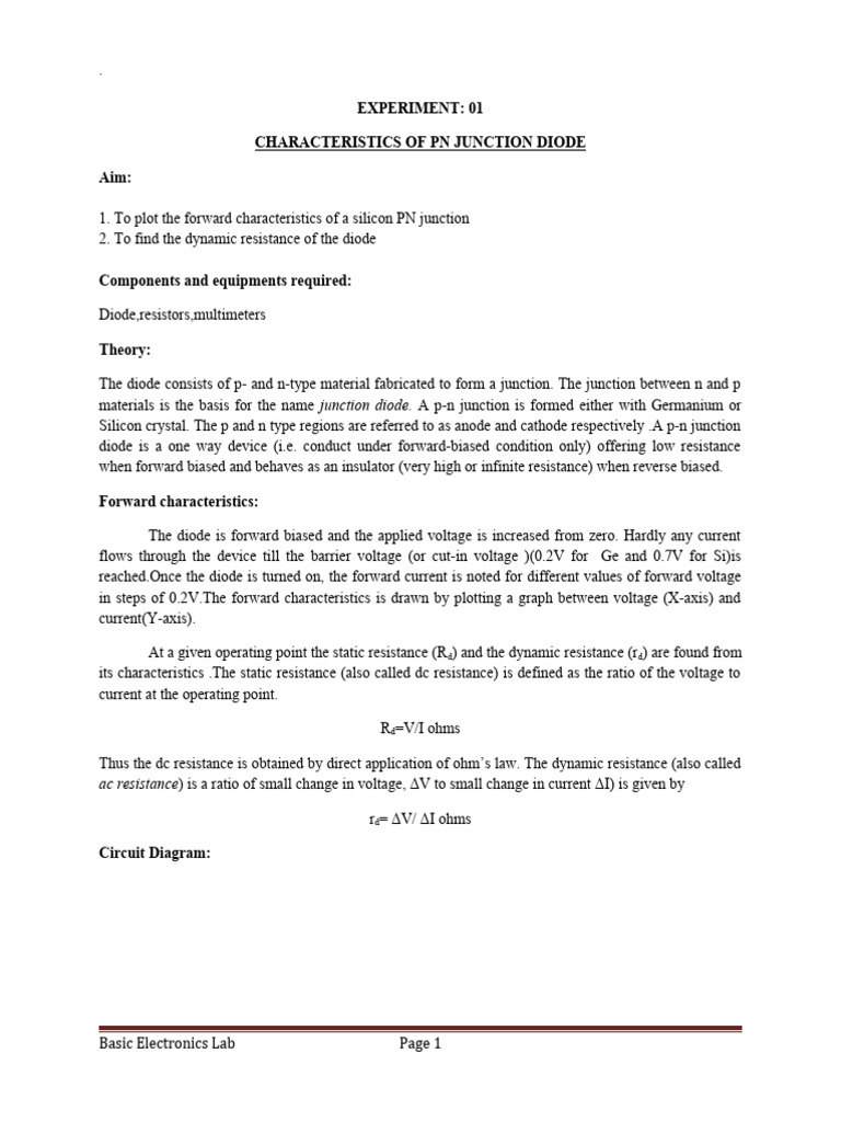 Experiment: 01 Characteristics of PN Junction Diode Aim | PDF | P–N ...